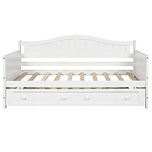 CJLMN Solid Wood Daybed with a Trundle, Twin Trundle Daybed Sofa Bed Frame for Bedroom, Guest Room, Living Room (White)