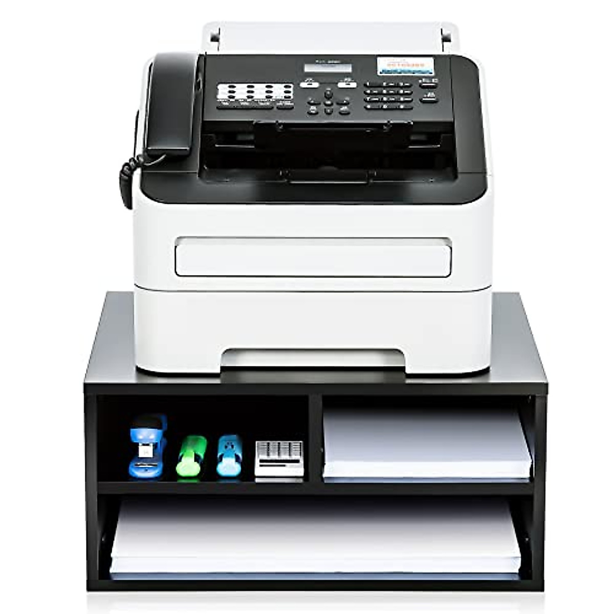 FITUEYES Large Printer Stands with 3 Storage Compartments, Desktop Paper Organizer Shelf for Home Office, 2-Tier Printer Riser, Black, 18.9" L x 15.7" W x 8.7" H