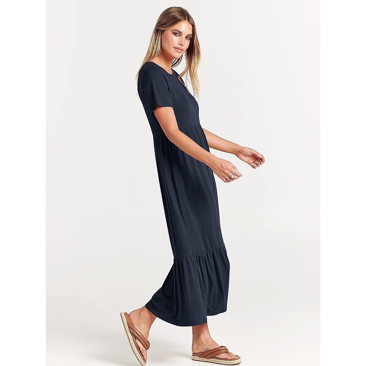 ANRABESS Women Summer Casual Short Sleeve Crewneck Aline Swing Flowy Tiered Shirt Maxi Beach Long Dress 2025 Trendy Outfits X-Large Navy Blue