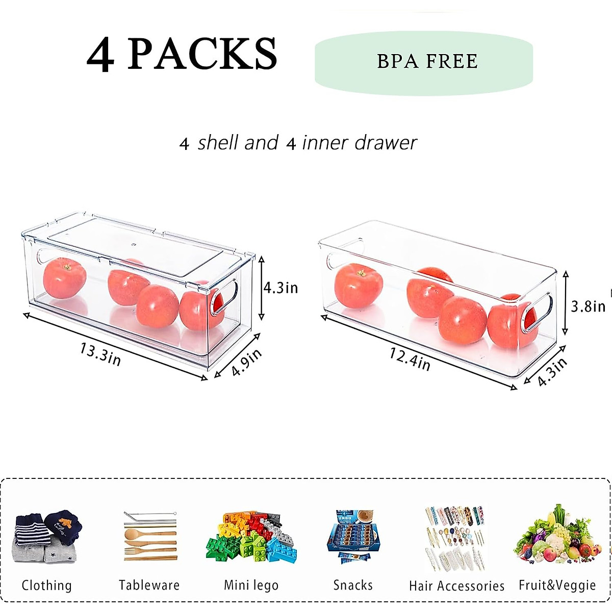 YouLike 2pack Clear Pull-Out Bin Stackable Refrigerator Organizer Drawer Plastic Cabinets Pantry Storage Containers for Bedrooms Home Office Closet & Shoe Organization(13.5”x8.5”x4.5”)