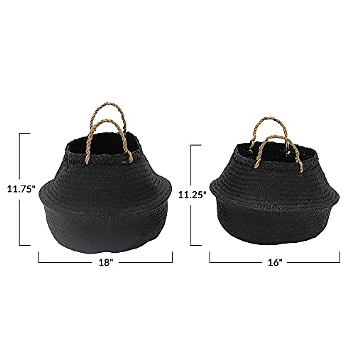 Creative Co-Op Seagrass Belly Handles, Set of 2 Basket, Black, 2