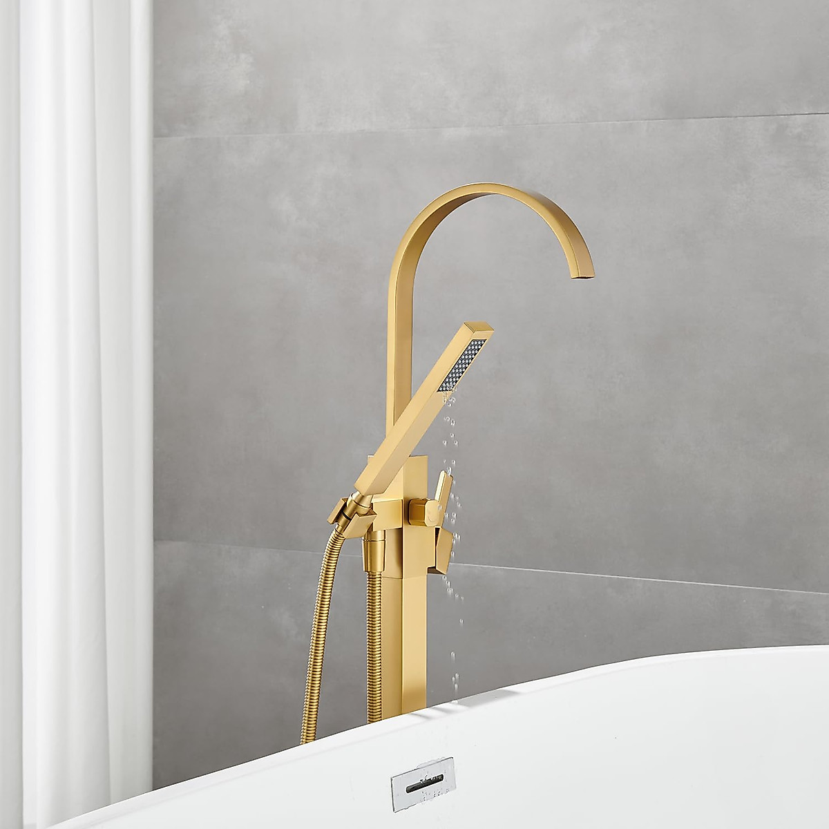 Artiqua Freestanding Bathtub Faucet Floor Mount Tub Filler Brushed Gold Brass Bathroom Faucets Single Handle with Hand Shower