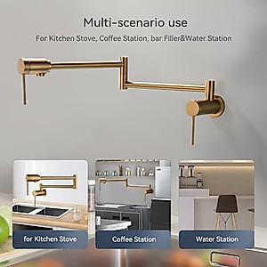 MR. FAUCET Wall Mount Kitchen Pot Filler Faucet 360° Swivel Folding Swing Arm Built-in Bearing Joint Technology, for Kitchen Stove, Coffee Station, bar Filler&Water Station(Brushed Brass Gold)