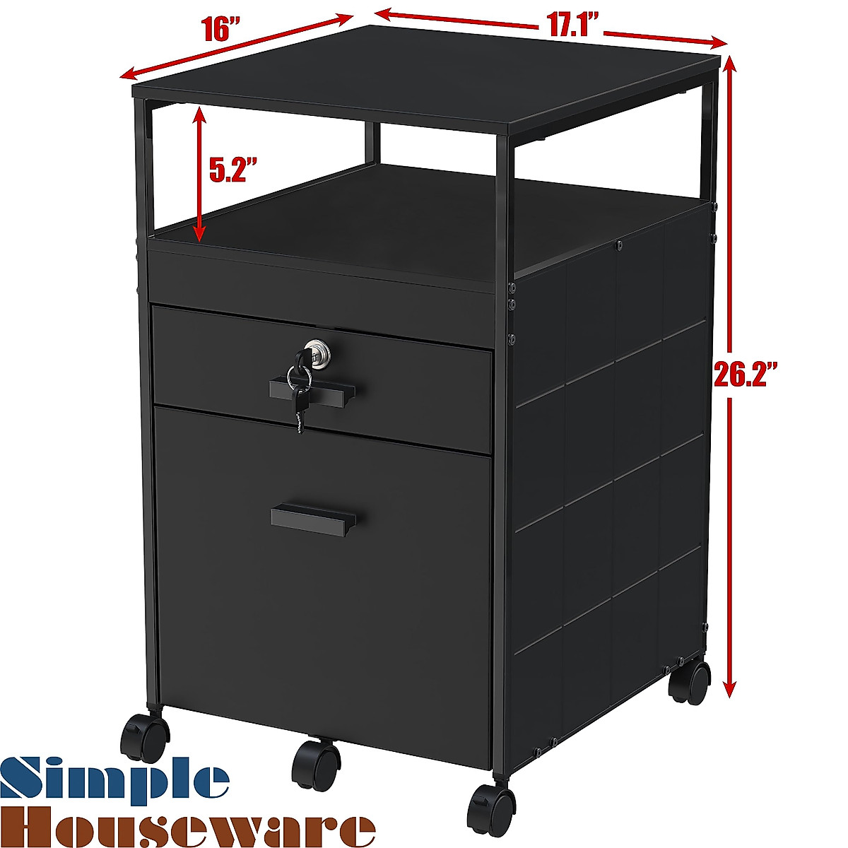 SHW Rolling File Cabinet w/ 2 Drawers & Open Shelf, Black