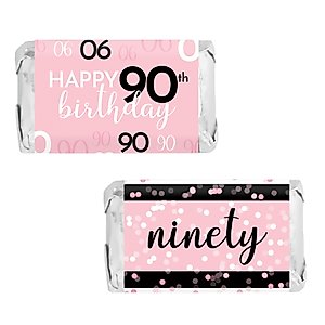 DISTINCTIVS Pink, Black, and White 90th Birthday Party Mini Candy Bar Wrappers - 45 Count, 90th Birthday Decorations for Women