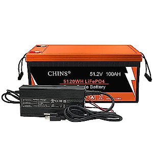 CHINS Bluetooth LiFePO4 Battery Smart 48V 100AH Lithium Battery, Includes 48V 10A Lithium Battery Charger, Perfect for Golf Cart, Trolling Motor, Marine, Peak Current 500A