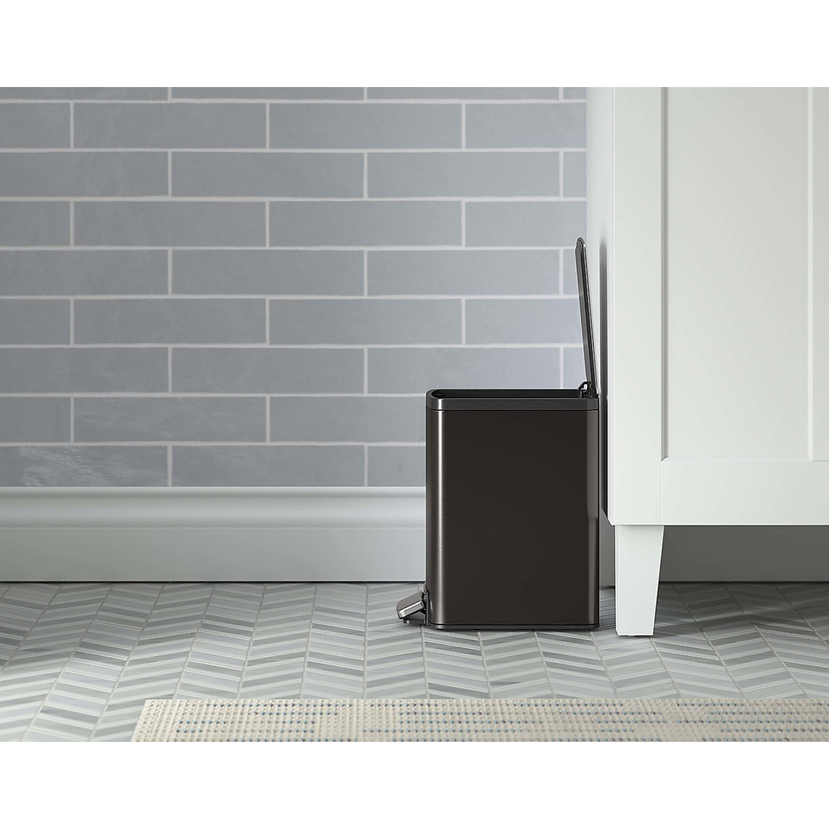 KOHLER 31319-BST Bathroom Trash Can, 1.6 Gallon, 6-Liter Step Can, Quiet-Close Small Trash Can with Foot Pedal, Black Stainless