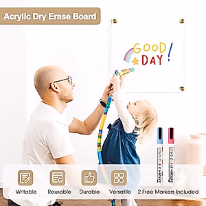 AMUSIGHT Clear Acrylic Dry Erase Board，12" X 12" Golden Non-Magnetic Acrylic White Board for Wall，Clear Erasable Acrylic Board for Office, School or Home，2 Markers