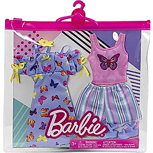 Barbie Fashions 2-Pack Clothing Set, 2 Outfits for Barbie Doll Includes Off-the-Shoulder Butterfly Print Dress, Butterfly Tank & Blue Shorts & 2 Accessories, Gift for Kids 3 to 8 Years Old