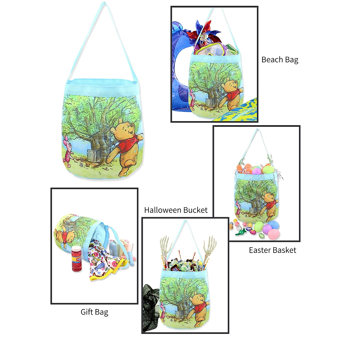 Winnie the Pooh Kids Collapsible Nylon Gift Basket Bucket Tote Bag (One Size, Blue)