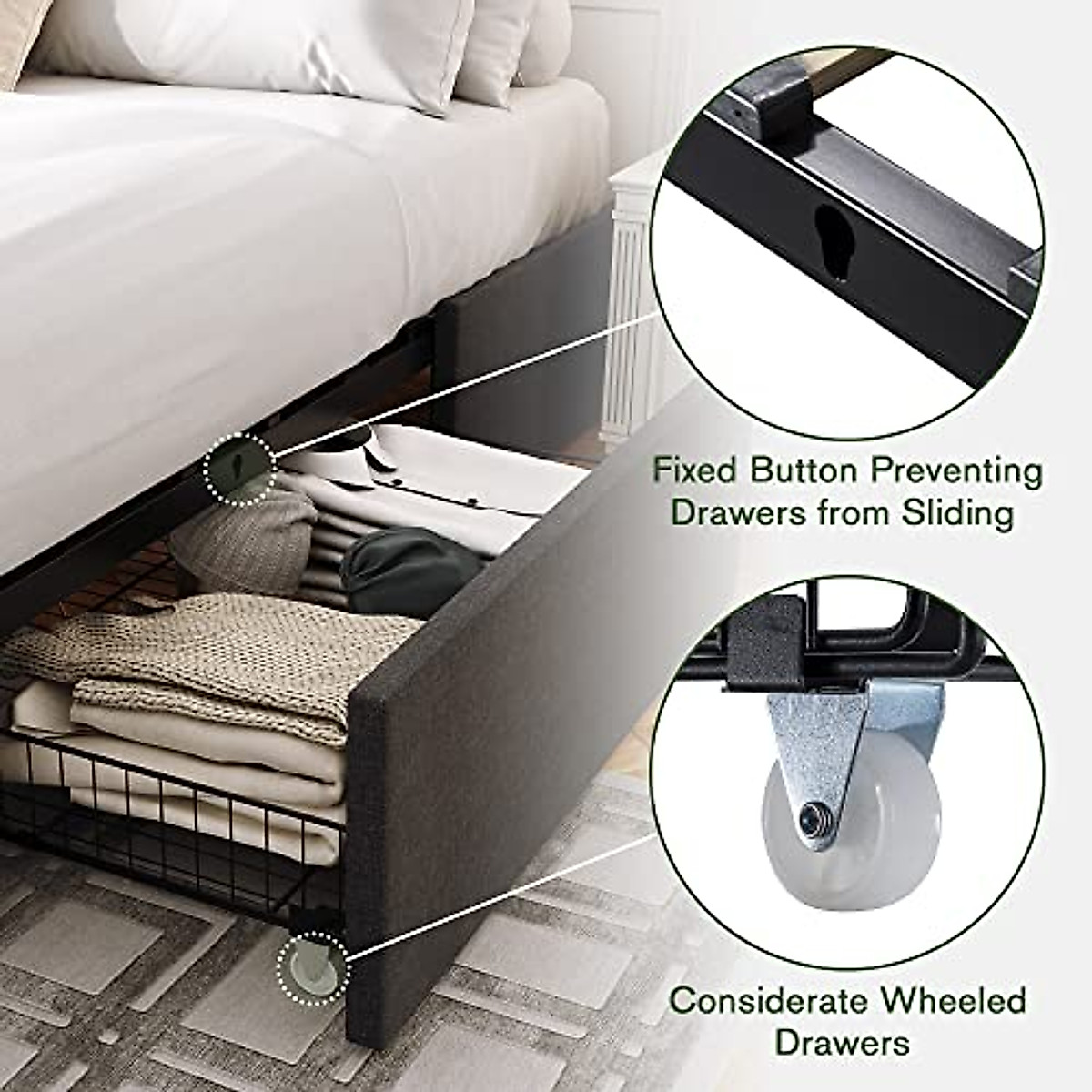 IMUsee Queen Bed Frame with Storage, 3 Large Drawers on Wheels, Fabric Upholstered Platform Bed, No Box Spring Needed, Wood Slats Support, Easy Assembly, Dark Grey