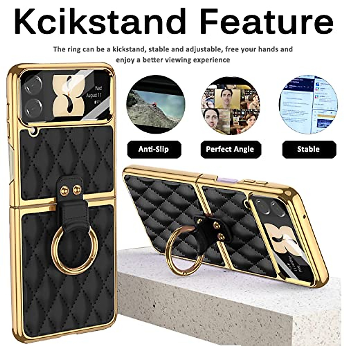 Miimall for Samsung Galaxy Z Flip 4 Leather Case with Ring Holder Stand, Luxury Rhomboid Leather Back Cover Electroplating Frame with Camera Lens Protector Case for Galaxy Z Flip 4 2022(Black)