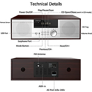 LONPOO Nostalgic Home Stereo System, Vintage Micro Component 40W RMS CD Player & Wireless Bluetooth Audio Streaming,FM Radio,USB Playback,Aux-in & Earphone Port