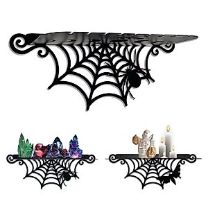 2 Pcs Gothic Decor Spiderweb Shelves Metal Goth Decor Shelf for Crystal Display Black Witchy Style Spider and Luna Moth Floating Shelves Halloween Wall Hanging Shelf Spooky Home Decor for Room