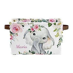 Pink Elephant Floral Personalized Storage Basket ,Custom Storage Bins Cubes Organizer with Handle for Bedroom Wardrobe,Nursery,Basket 1 Pack