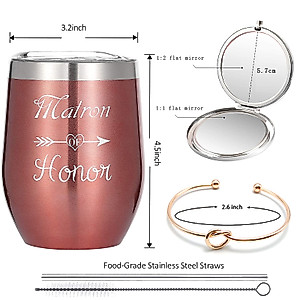 Matron of Honor Gifts Set Include 1 Stainless Steel Rose Gold Insulated Wine Tumbler 1 Champagne Makeup Mirror 1 Knot Bracelet 1 Straw and 1 brush for Bridal Shower Wedding Bridesmaid Proposal Gift