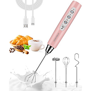 Milk Frother Handheld, USB Type-C Rechargeable Electric Whisk 3 Speed Adjustable, Coffee Frother Wand with 3 Stainless Whisks, Drink Mixer Blender for Latte Cappuccino Matcha Egg