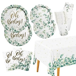 Sage Greenery Baby Shower Party Supplies Disposable Paper Plates Napkins Cups and Tablecloth for Boho Greency Party Decorations, Serve 25.