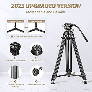 【2023 Upgrade】 RAUBAY 70.8" Professional Heavy Duty Video Camera Tripod with Fluid Head, QR Plate for DSLR Camcorder, Max Loading 17.6lbs, Aluminum Twin Tube Leg with Metal Mid-Level Spreader DV-1 PRO