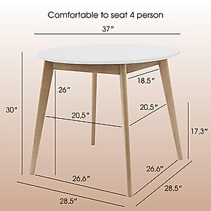 DAIVA CASA Orion Round Table for 4 Person - Birch Solid Wood Kitchen & Dining Room Furniture - Mid Century Modern Scandinavian Style – White Brown Table 37 inch