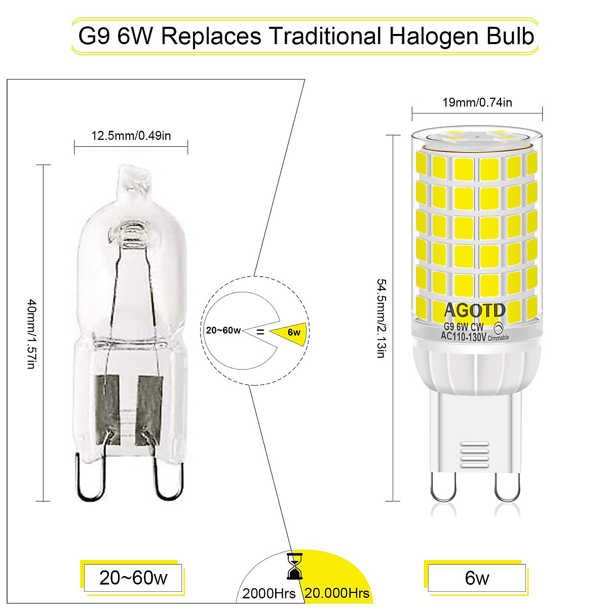 AGOTD G9 LED Bulb 6W, Dimmable Daylight White 6000K, 658LM LED Light Bulb, T4 40W 50W 60W Halogen Replacement G9 Bi Pin Base, No-Flicker, Chandelier Lighting, 5 Pack