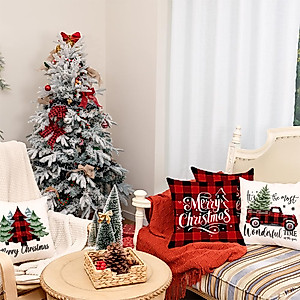 GEEORY Merry Christmas Throw Pillow Covers 18x18 Inch Set of 4, Xmas Trees Truck Buffalo Plaid Believe Farmhouse Decorative Cushion Cases for Home Decoration G421-18