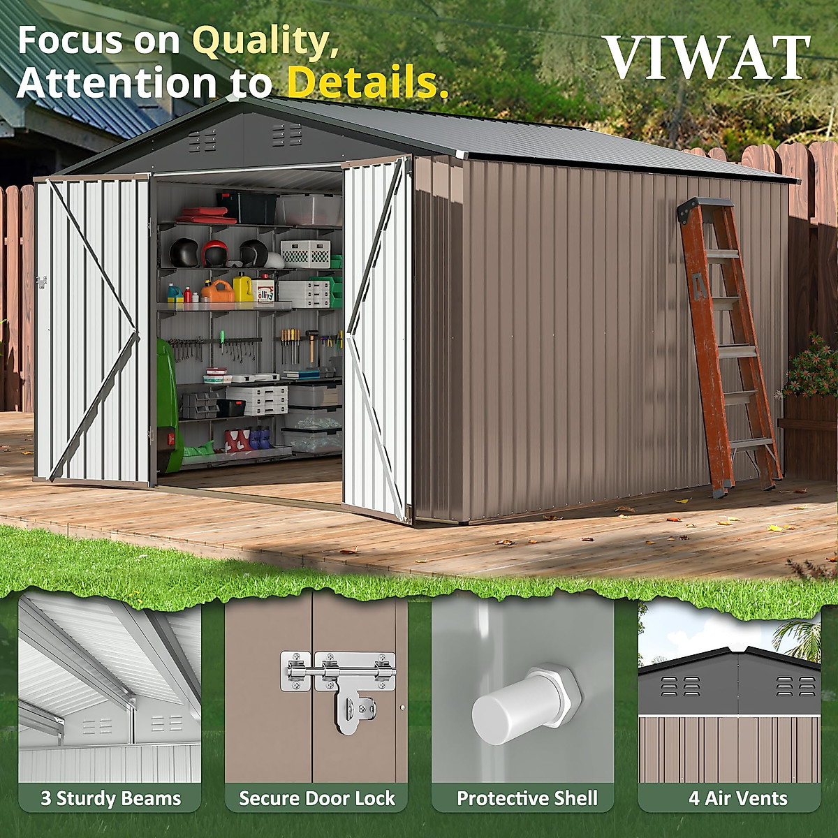 VIWAT 10x10 FT Outdoor Storage Shed, Garden Shed with Updated Frame Structure and Lockable Doors, Metal Tool Sheds for Backyard Garden Patio Lawn,Brown