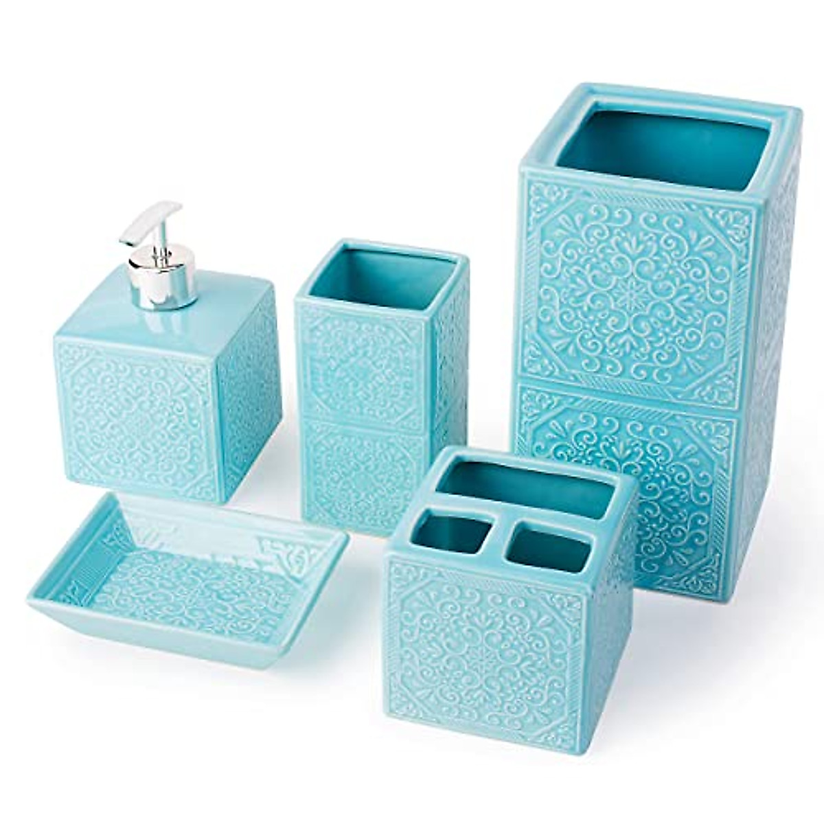 5 Pcs-Teal Blue Bathroom Accessories Sets Complete- Bathroom Accessories Set- Bathroom Accessory Set -Bathroom Accessories- Bathroom soap Dispenser Set