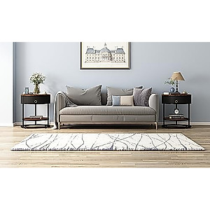 OIOG Round End Table with Drawer, Modern Wood Side Table with Shelf, 2-Tier Nightstand with Drawer for Living Room, Bedroom, Rustic Brown and Black