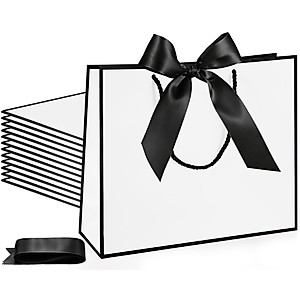 Silkfly 12 Pcs Thank You Gift Bags with Handles 11.8 x 10 x 4'' Paper Bag with Bow Ribbon Gift Wrap Bags for Wedding Bridesmaid Party Baby Shower Birthday Housewarming Gifts(White, Black)