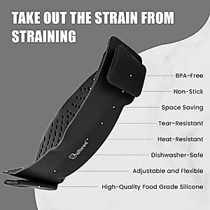 Clip On Kitchen Food Strainer for Spaghetti, Meat, Pasta, & Ground Beef Grease, Colander & Sieve Snaps or Clips Onto Bowls, Pots & Pans Includes Silicone Drainer, Brush & Garlic Peeler (Black)