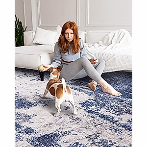 Area Rug Living Room Rugs: 8x10 Large Soft Indoor Carpet Modern Abstract Decor Rug with Non Slip Rubber Backing for Under Dining Table Nursery Home Office Bedroom Blue