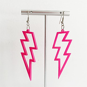 Multicolor 80s Neon Earrings Acrylic Exaggerated Lightning Bolt Dangle Earrings Halloween Retro 80 90's Party Costume Accessories Jewelry for Women-Hollow Pink