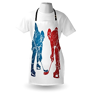 Lunarable Sport Apron, Hockey Players Hobby Activity Themed Athletes Game Win Champion Olympics Illustration, Unisex Kitchen Bib with Adjustable Neck for Cooking Gardening, Adult Size, Blue Red