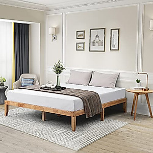 wonline Wood Platform Bed Frame Solid Wood Foundation No Box Spring Needed Wooden Slat Support Oak Wood Natural Finish Home Bedroom Furniture Platform Base