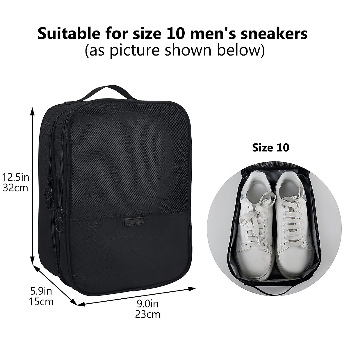 Aosbos 2 Layers Shoe Bags for Travel with Trolley Sleeve Portable Shoe Storage Pouch Shoe Packing Cubes with Structure, Black