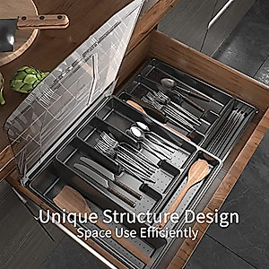 Kurberson Double Layer Silverware Tray with Lid, Drawer Organizer for Utensil Tray, Cutlery Storage Holder with Cover, Black