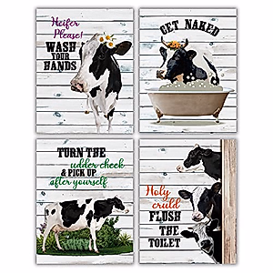 MTL HOE Funny Cow Rustic Bathroom Decor Art Print, Farmhouse Bathroom Cow Pictures Signwall Decor Posters Farm Bathroom Decor, Cow Kitchen Decor Cow Print Bathroom Decor Set of 4 (8X10in Unframed)