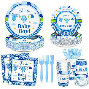 DYLIVeS Blue Baby Shower Decorations, It's a Baby Boy Paper Plates and Napkins Cups Forks Disposable Tableware for Gender Reveal Party Supplies, Sweet Baby Boy Shower Birthday Party Favors, Serve 24