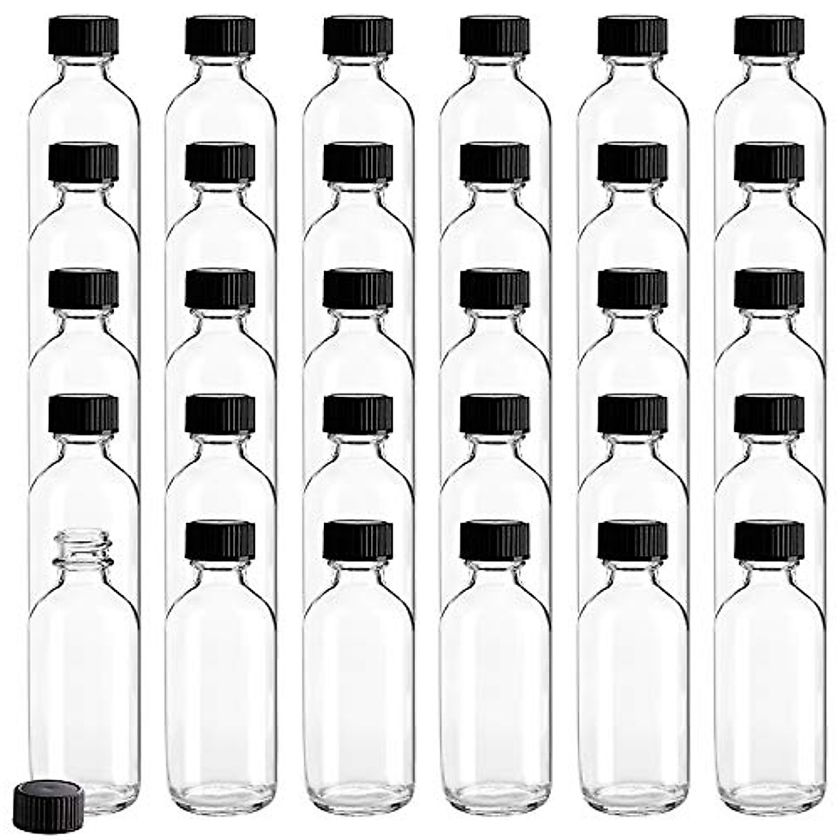 Bekith 30 Pack 2 oz Small Clear Glass Bottles, Boston Round Sample Bottles with Black Poly Cone Cap for Juice, Ginger Shots, Oils, Whiskey, Liquids