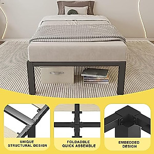 ROIL 14 inch Twin Size Bed Frames with Wide Wood Slats - 3500lbs Heavy Duty No Box Spring Needed Platform, Mattress Stoppers Single Metal Noise Free Bedframe with Headboard Hole Underneath Storage