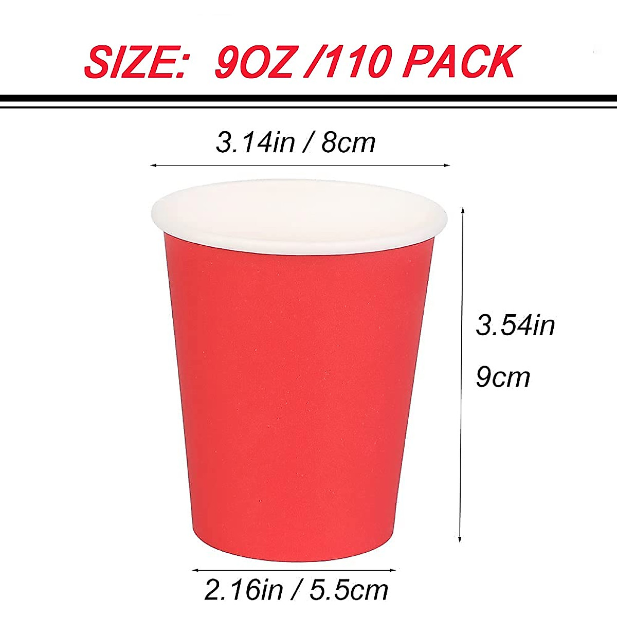 [110 Pack] Paper Cups 9 Oz, Red Paper Cups Party,Disposable Paper Coffee Cup, Hot or Cold Beverage Drinking Paper Cups, Paper Cups for Party, Picnic, BBQ, Travel, and Event(Red)