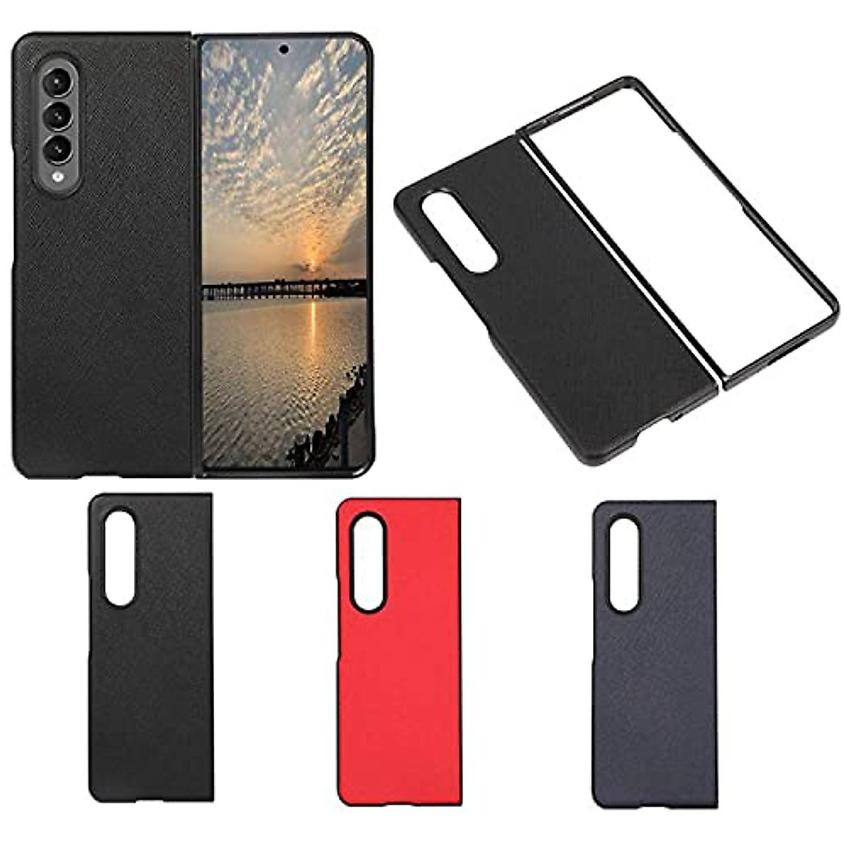 ZYKY Phone Case for Galaxy Z Fold 3, Genuine Leather Protection Cover PC Hard Shockproof Back Cover Protector Case Shell Compatible with Samsung Galaxy Z Fold 3 5G (Blue)