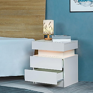 CuisinSmart Led Nightstand, Bedside Table Cabinet with Lights High Gloss End Side with 2 Drawers, White Smart Nightstand Flip-Top Hidden Storage Space for Bedroom White As Shown