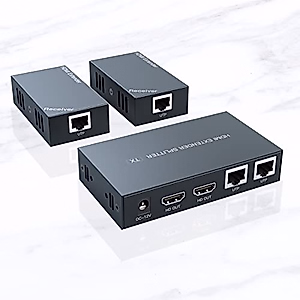 HDMI Extender 1 to 2 Splitter Transmit 1080p HD Video Over 50m/165ft Ethernet Cat5e/6 with 2 HDMI Local Output, Works with Computer/Camera/Projector/TV