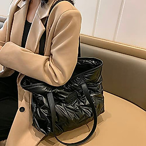 AZURAOKEY Puffer Tote Bag for Women, Quilted Cotton Padded Handbag, Women Shoulder Bags Soft Large Capacity Top-handle Bags Warm Zipper Simple Portable Lightweight for Girls Shopping-Black