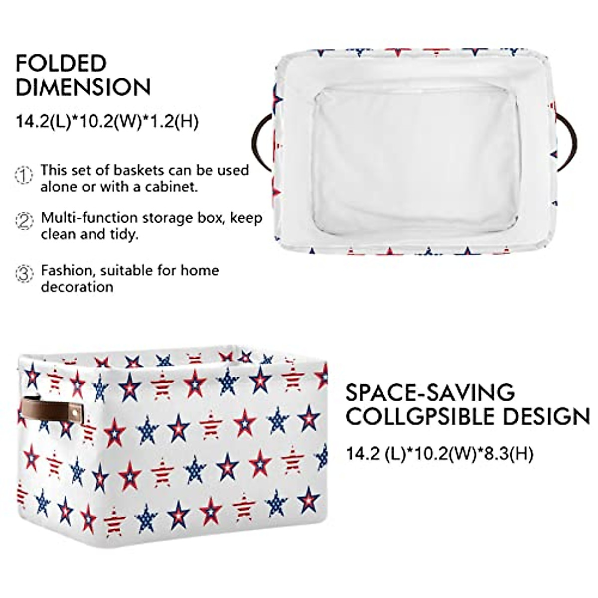 American Stars Storage Basket, 4 of July Large Storage Bin Fabric Collapsible Organizer Bag with Handles 15x11x9.5 inch