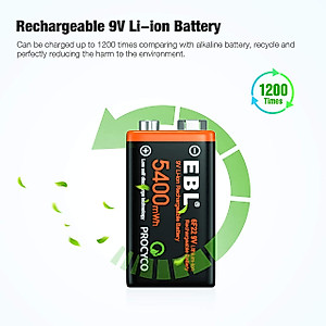 EBL Rechargeable 9V Lithium Batteries, 5400mWh USB 9 Volt Li-ion Batteries Long-Lasting(2 Pack)