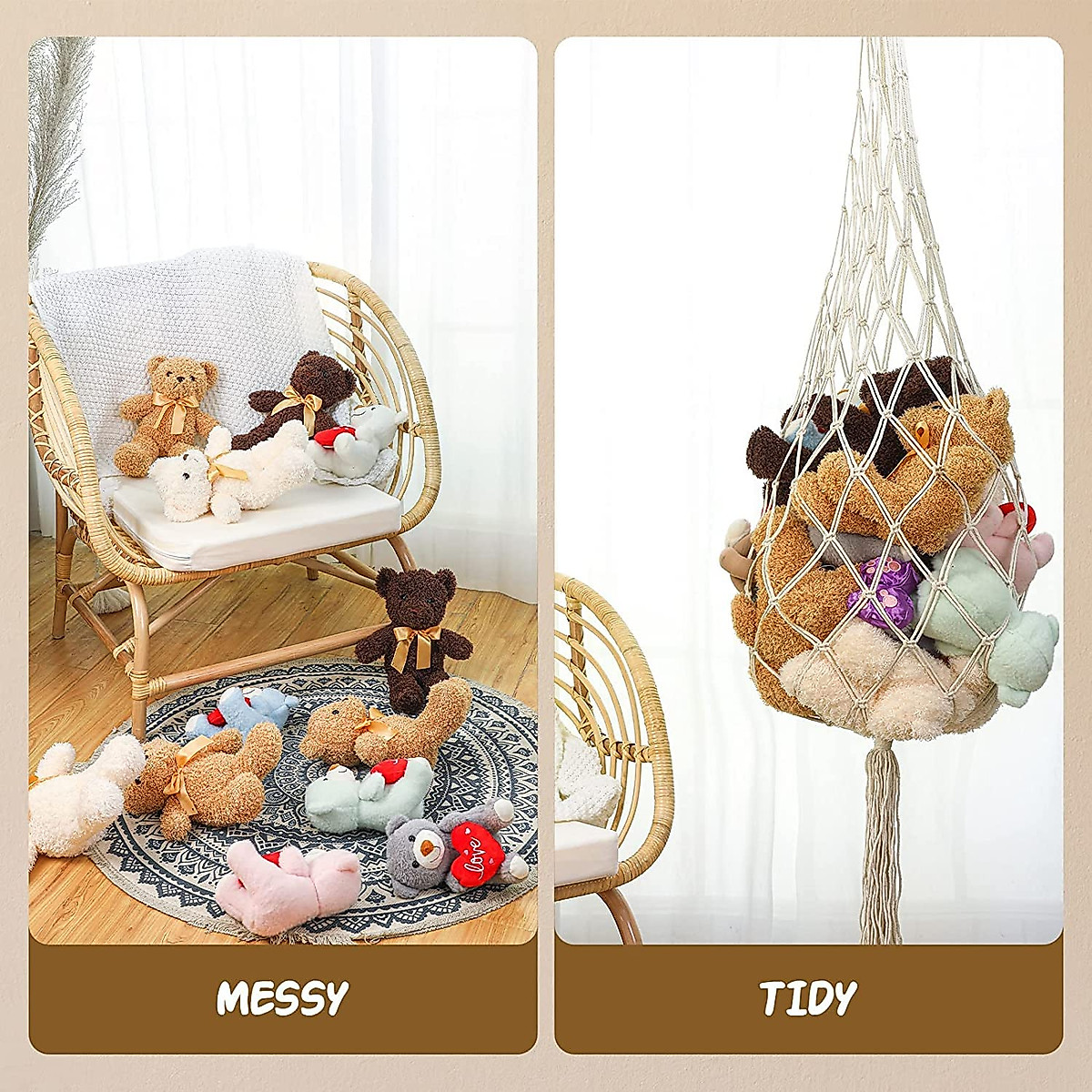 Stuffed Animal Net Large Toy Hammock Macrame Plush Toy Display with One Hook for Corners, Walls and Ceiling Hanging Net Stuff Animal Storage for Kid Room Bedroom Playroom (Beige)