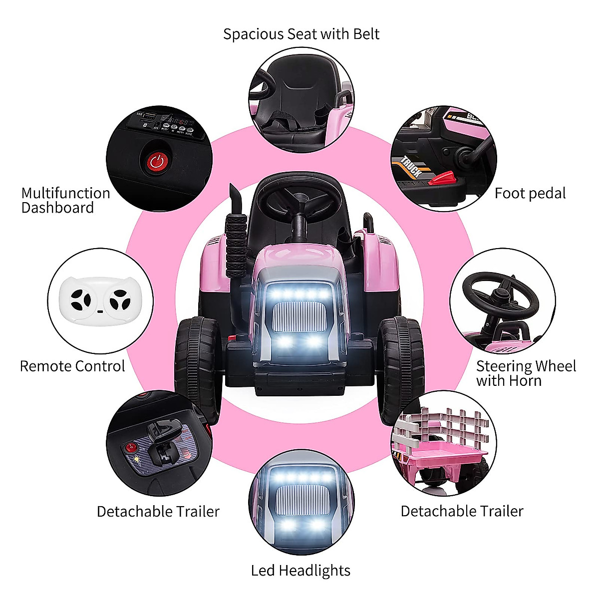 Nasitip 12V Kids Battery Powered Electric Tractor with Trailer, Toddler Ride On Car w/Remote Control/ 7-LED Headlights/ 2+1 Gear Shift/ MP3 Player/USB Port for Kids 3-6 Years (Pink, 25W/ Tread Tire)